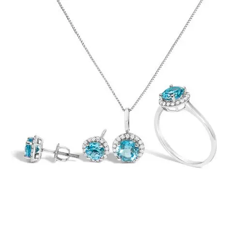 HAUS OF BRILLIANCE 10k Gold Gemstone And Diamond Halo Jewelry Set - White | Blue Topaz